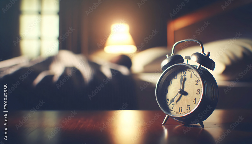Vintage alarm clock next to a bed, depicting an early morning scene ...