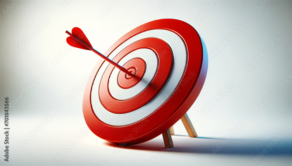 A photorealistic image of a red target with a red arrow striking the ...