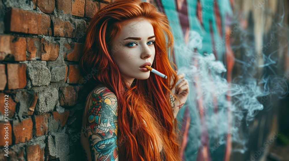 Fiery red-haired rebel in her early twenties, smoking a cigarette, with ...