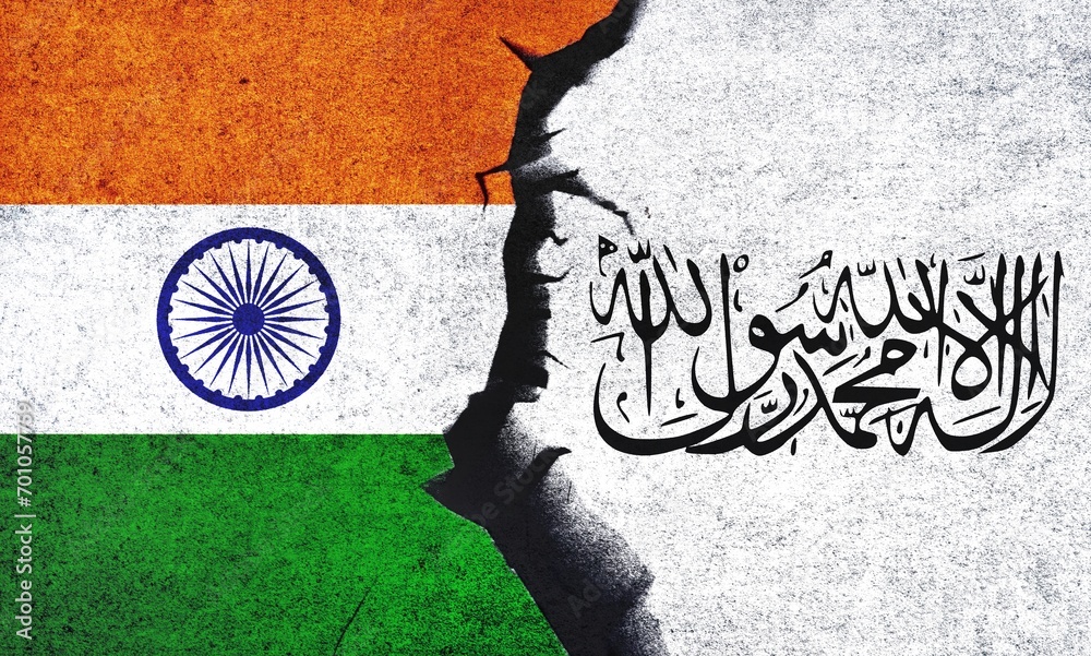 India and Taliban flags on a wall with a crack. India and Taliban ...