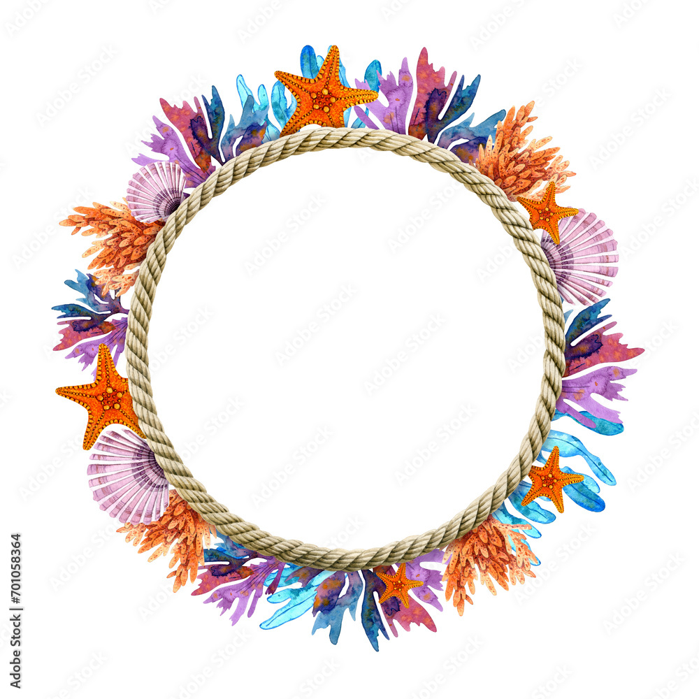 Watercolor Round ropes frame marine tropical theme. Starfish, shells ...