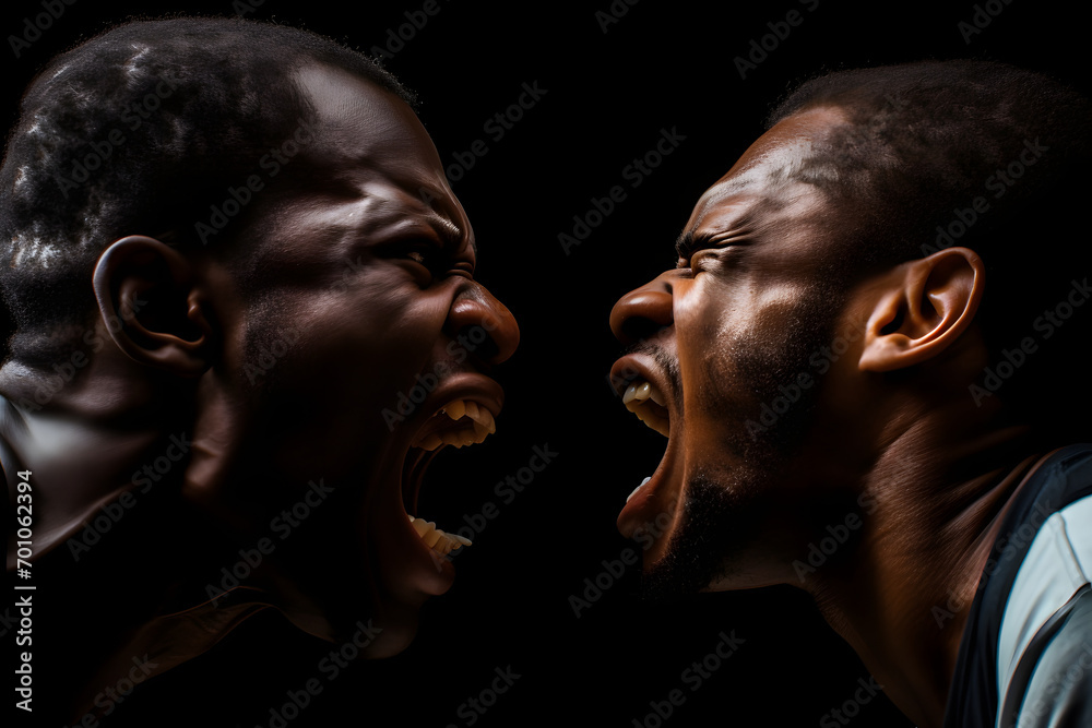two men screaming at each other, two men screaming, having a fight ...
