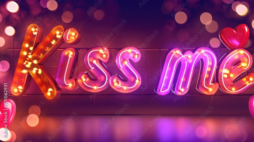 "Kiss me", Text word, label, bright background, in 3D romantic style ...