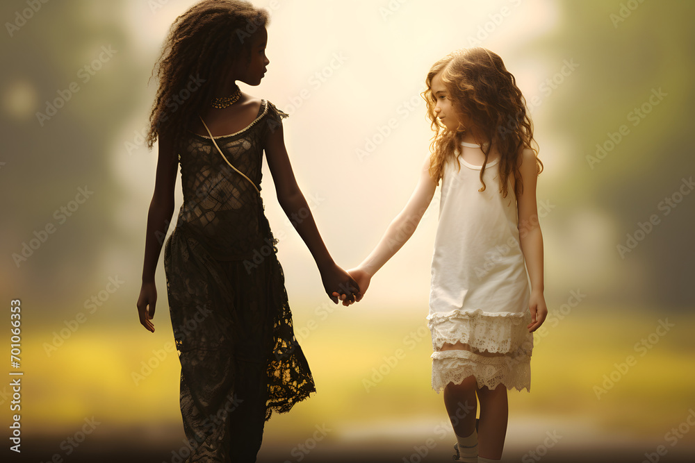 Holding hands, together, two girls holding hands, woorking together ...