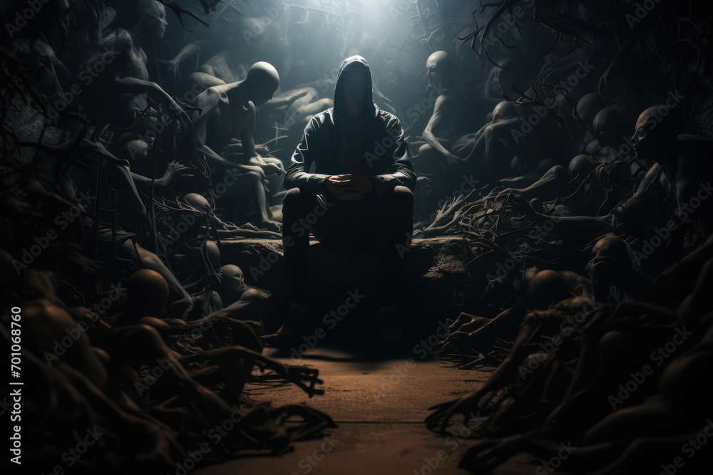 A solitary figure surrounded by a swarm of distorted shadows ...