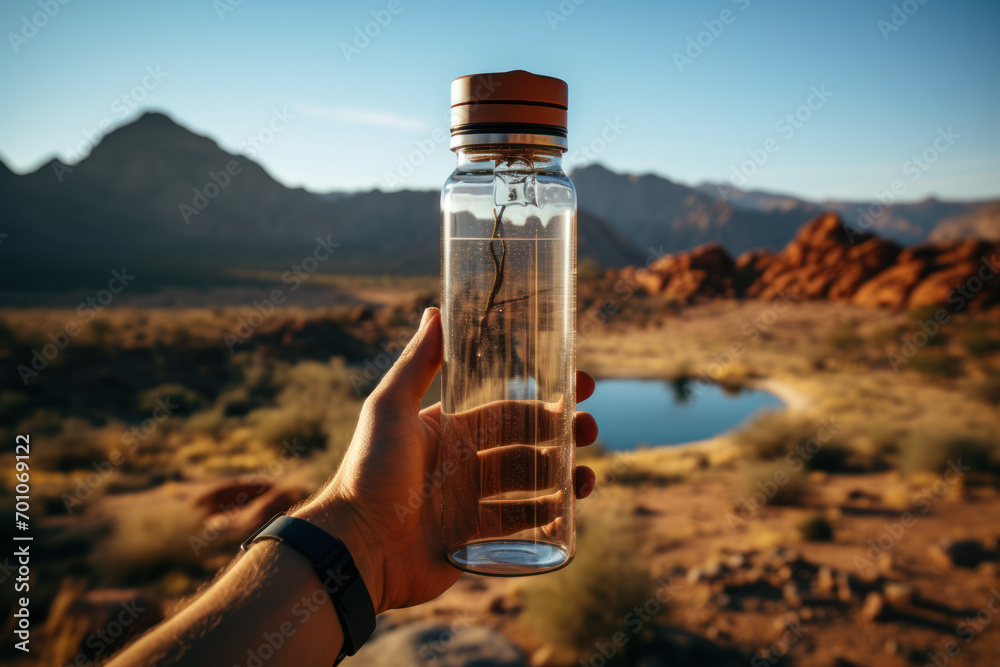 A person holding a reusable water bottle, embracing the eco-friendly ...