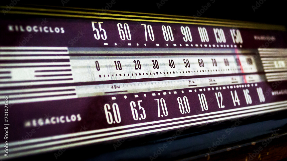 We see a beautiful old dial display, from an old wooden radio, from ...