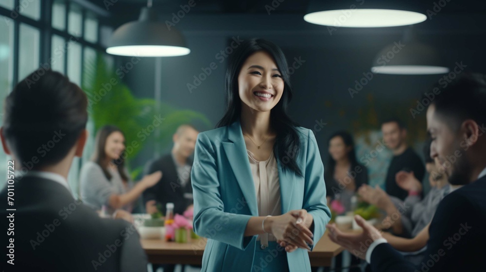 Foto de Millennial boss team leader introducing New asian woman ...