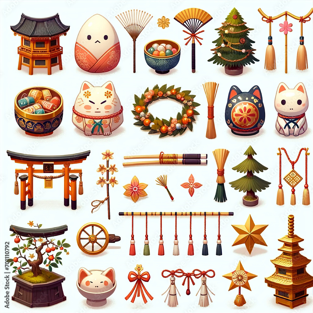 A collection of Japanese New Year (Shogatsu) themed items including ...