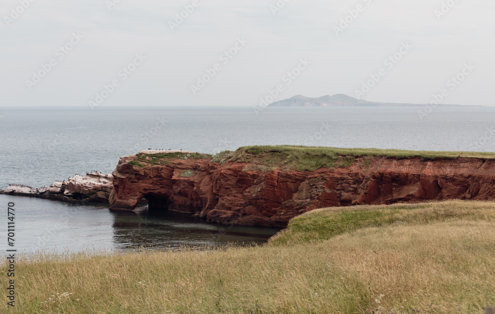 vue sur la côte avec une falaise de roche rouge recouverte de gazon ...