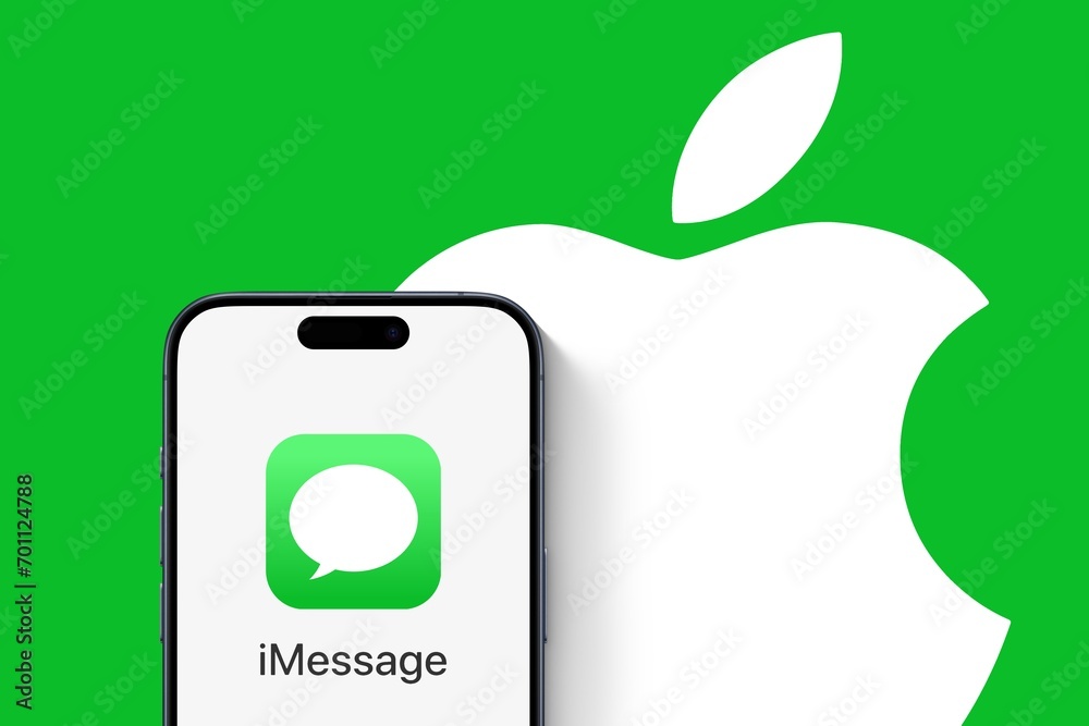 iMessage App logo shown on iPhone 15 Pro in front of Apple Logo ...