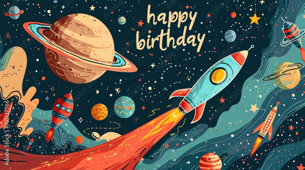 A space-themed birthday party with planets, stars, and rockets, simple ...