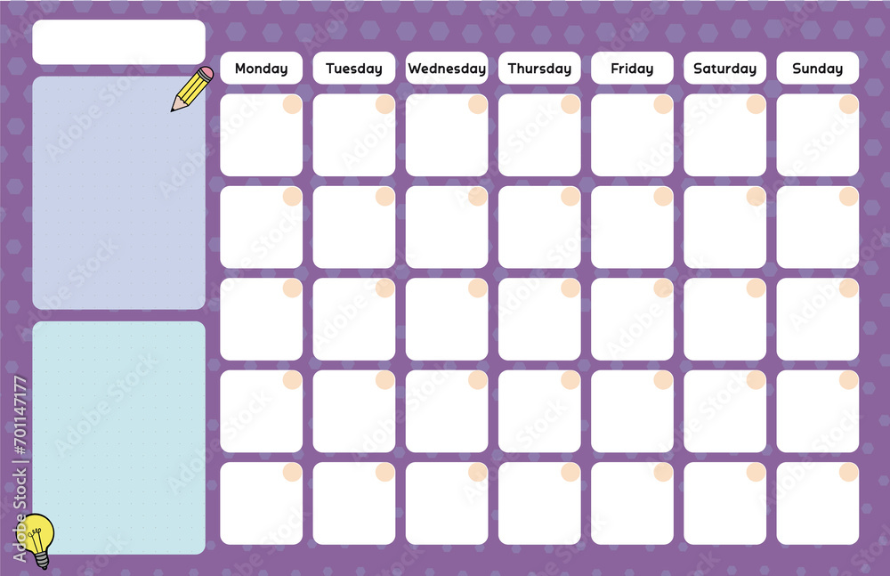 Plantilla flexible de calendario mensual, color morado en inglés Stock ...