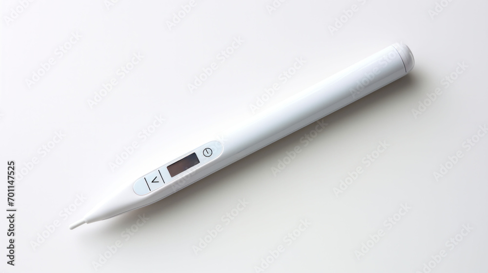 Digital medical thermometer on a white background, displaying a ...
