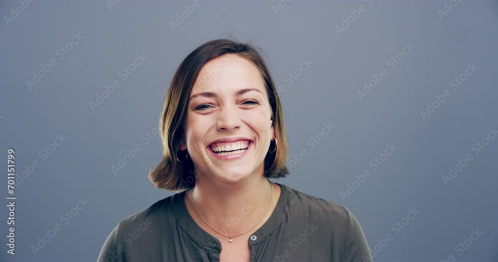 Vidéo Stock Funny, face and woman laughing in studio for joke, good ...