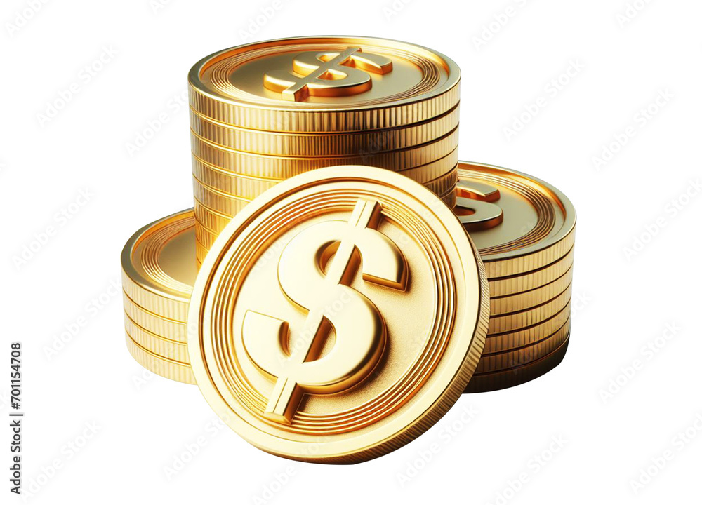 3D-rendered gold dollar coin stack, showcased in PNG format for ...