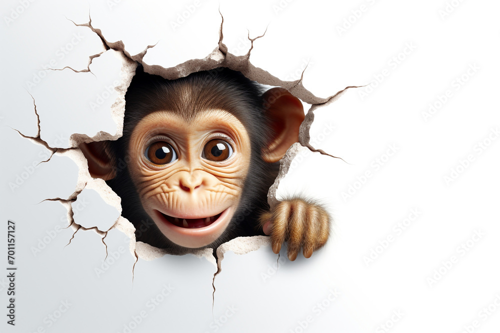 Cute monkey peeking out of a hole in the wall, torn hole, empty copy ...