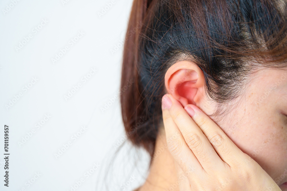 Woman holding her painful Ear. Ear disease, Atresia, Otitis Media ...