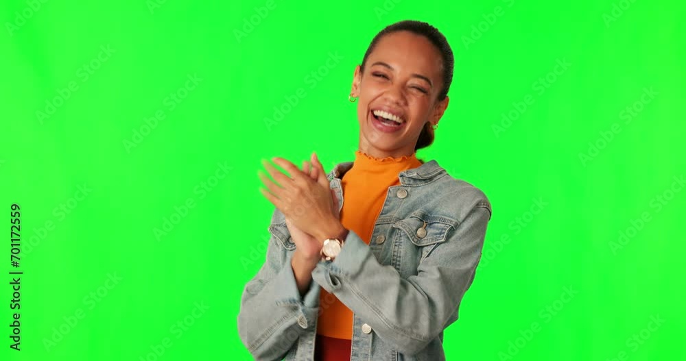 Winner, excited and woman clapping on green screen to celebrate success ...
