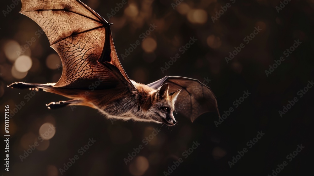 A real bat with visible wings and ears is captured in flight, creating ...