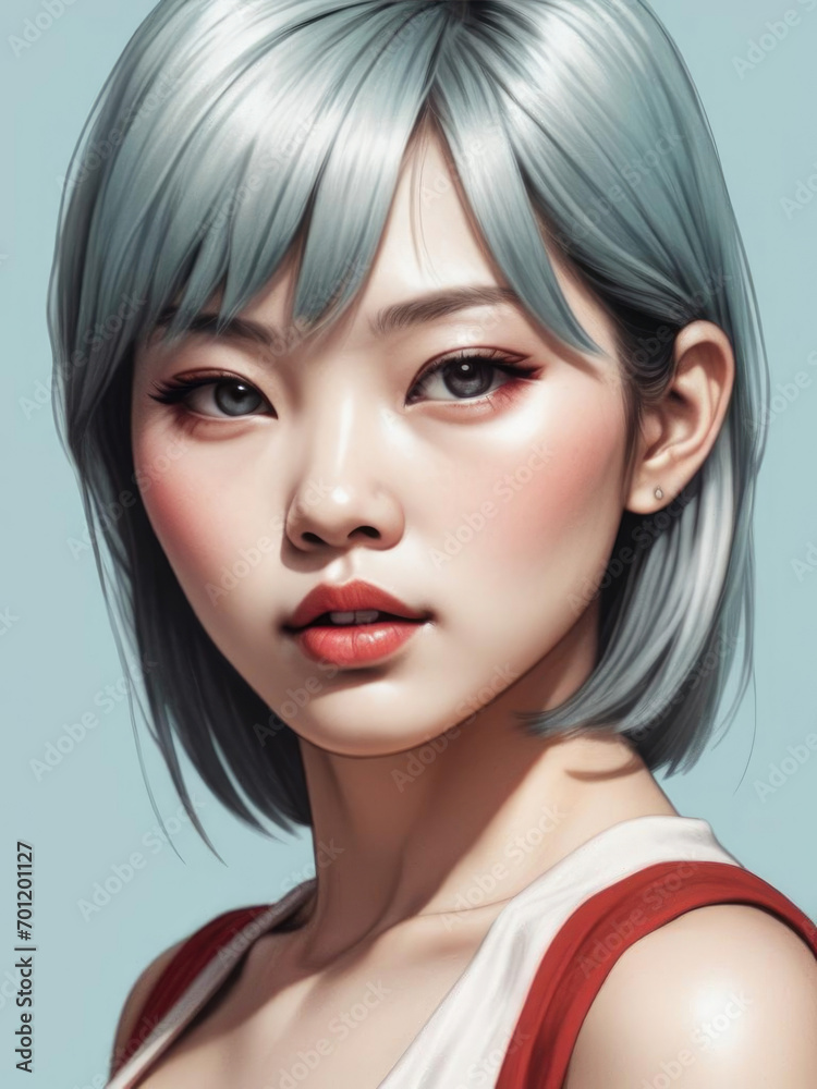 Hand-Drawn Illustration of Short Heavyset Asian Woman with Straight ...