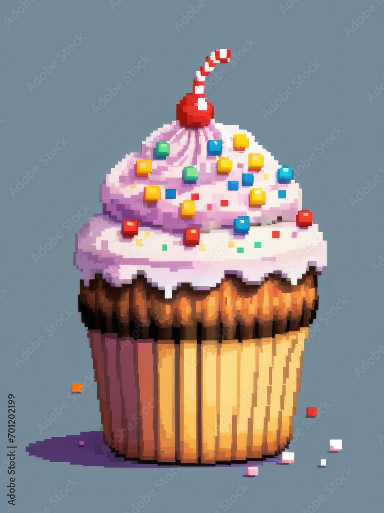 ภาพประกอบสต็อก 8-bit Pixel Cupcake - Colorful pixel art cupcake with ...