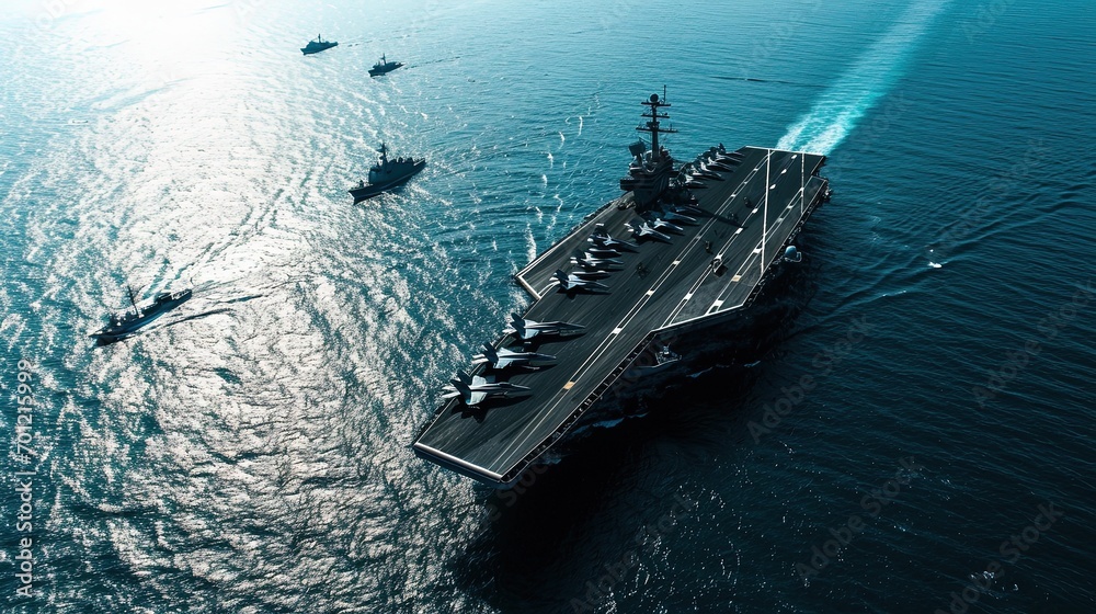 Aerial view. The aircraft carrier accompanied by a squad ships. Stock ...