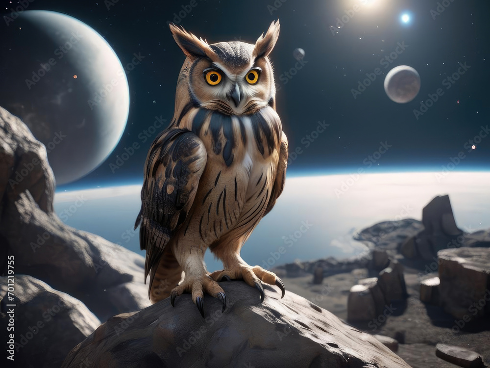 Cosmic Owl - Hyper-realistic animal space avatar perched on a celestial ...