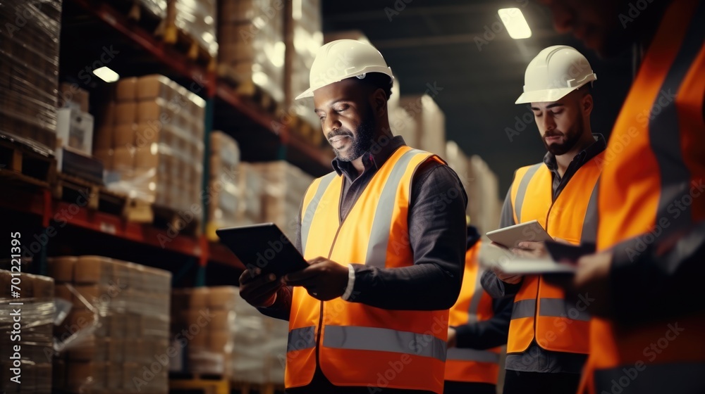 Medium shot, worker male inspection holding tablet, group of laborers ...