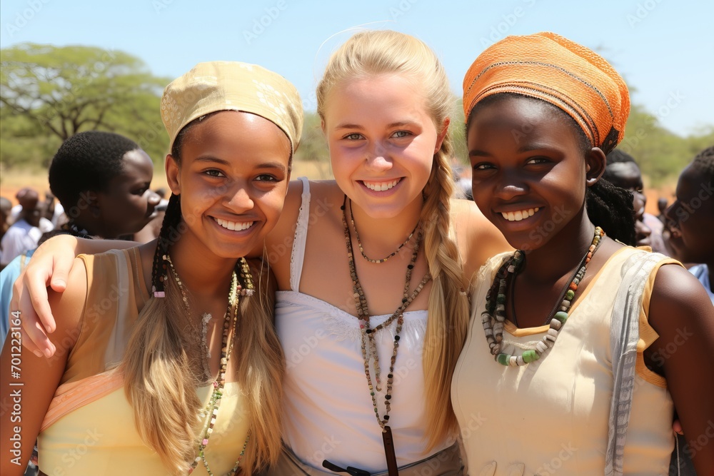 Portrait of three girls of different races. White and black women ...