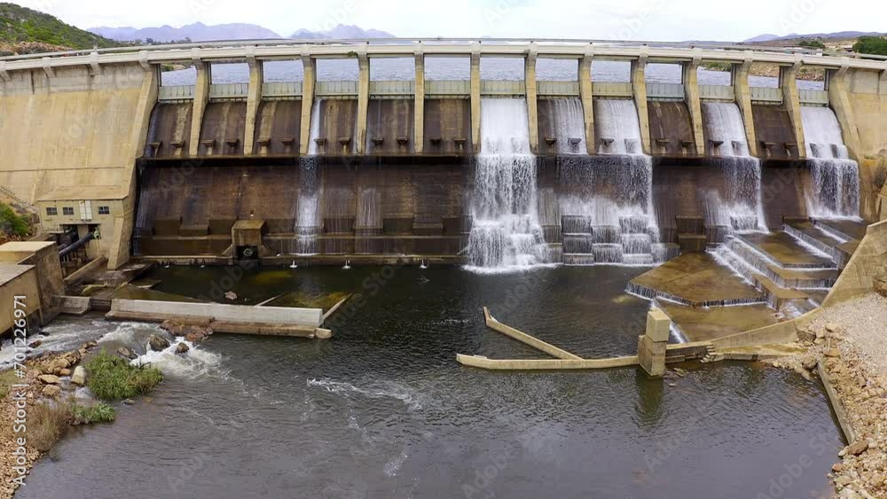 Drone, dam and infrastructure, water and nature in industrial landscape ...