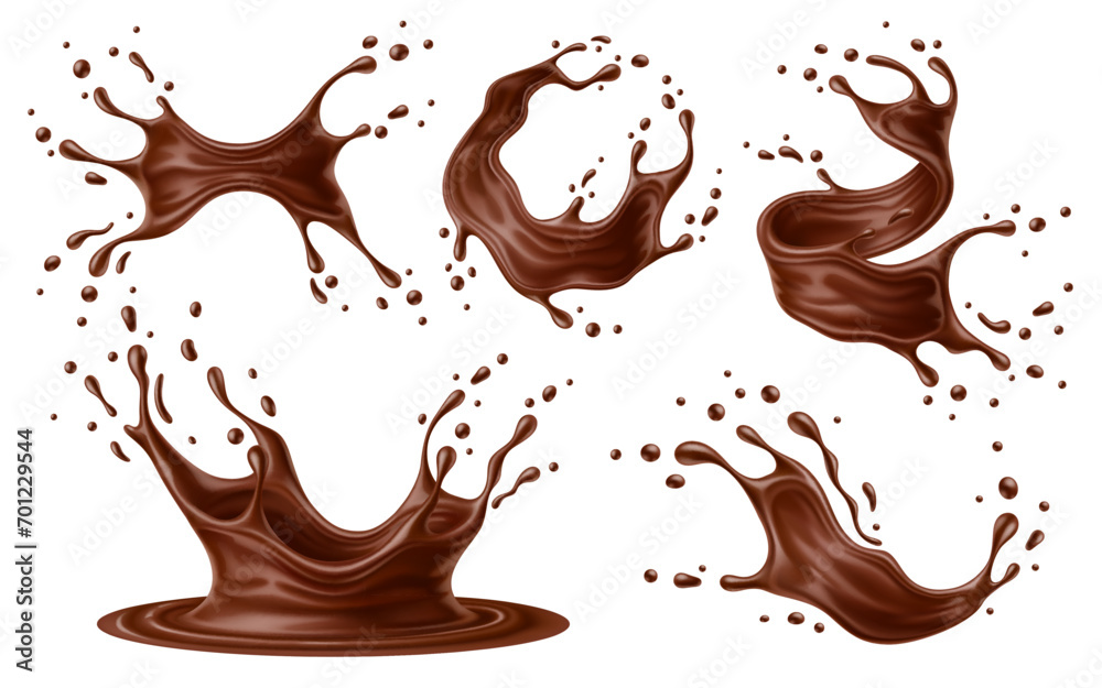 Realistic chocolate milk splash waves with drops, choco drink crowns ...