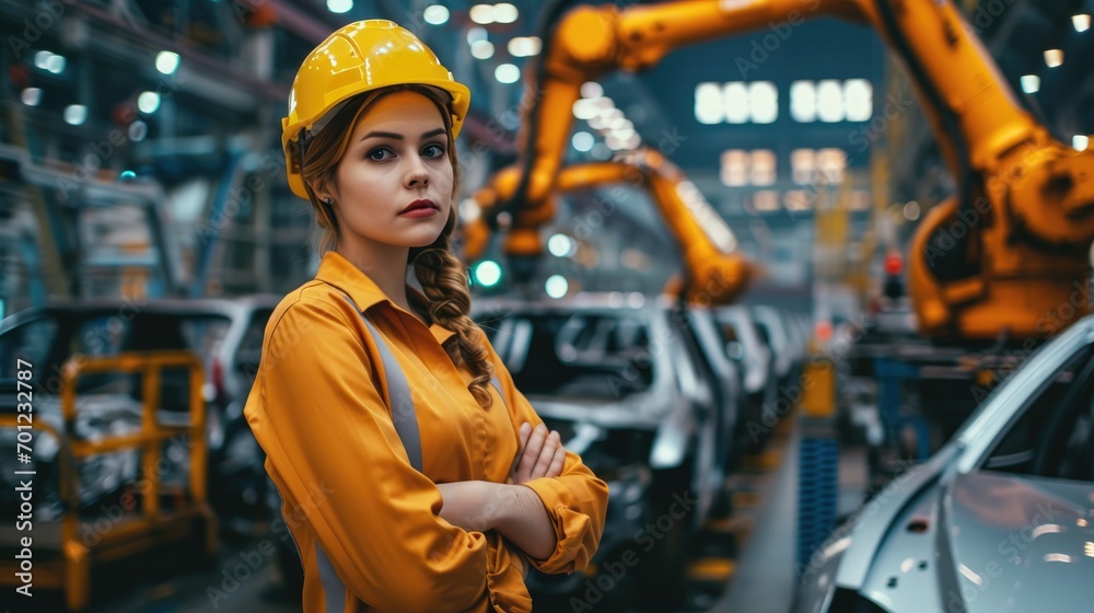 Female automotive engineer control equipment production automated robot ...