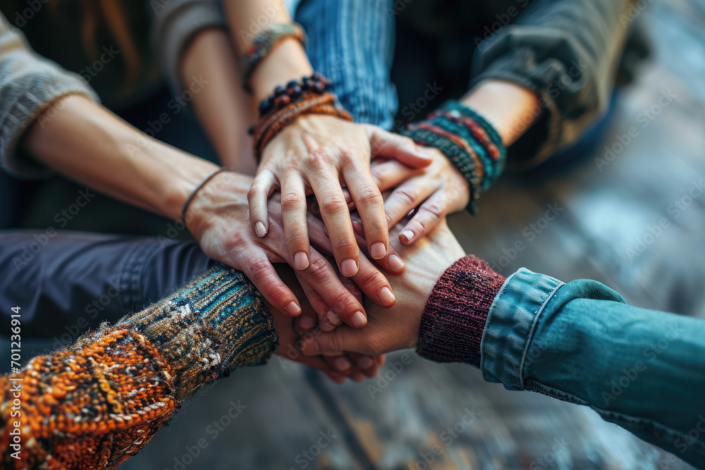 Positive diverse business team putting their hands on top of each other ... Positive diverse business team putting their hands on top of each other ...