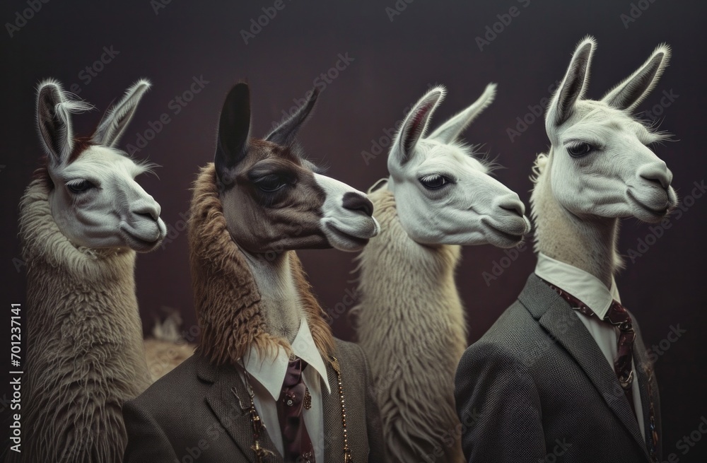 Four llamas in suits with human-like postures against a dark background ...