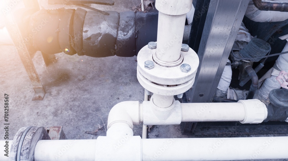 PPR Flange connector on water boiler line pipe in the pump station.PPR ...