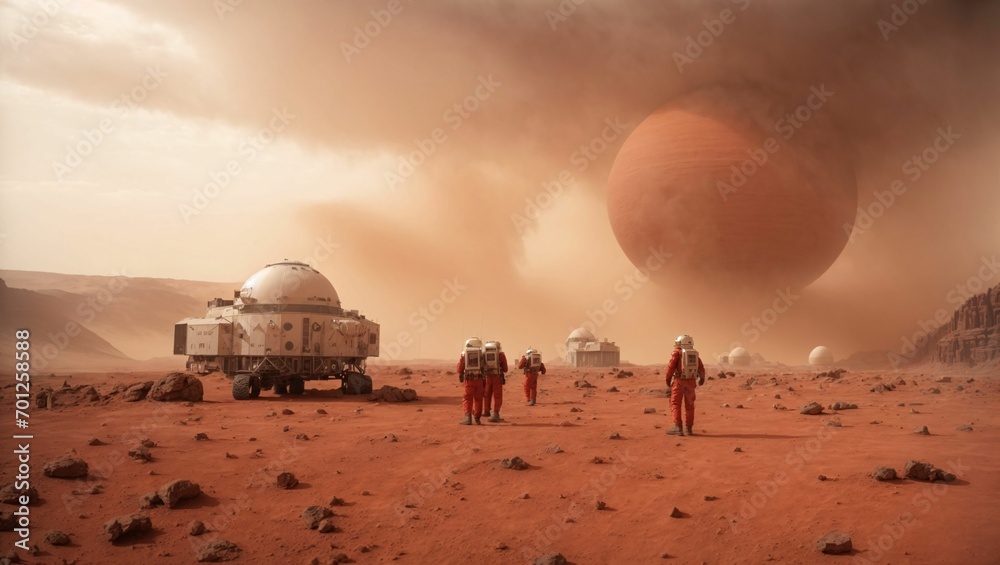 Martian Outpost: A rugged Martian landscape with a domed outpost in the ...