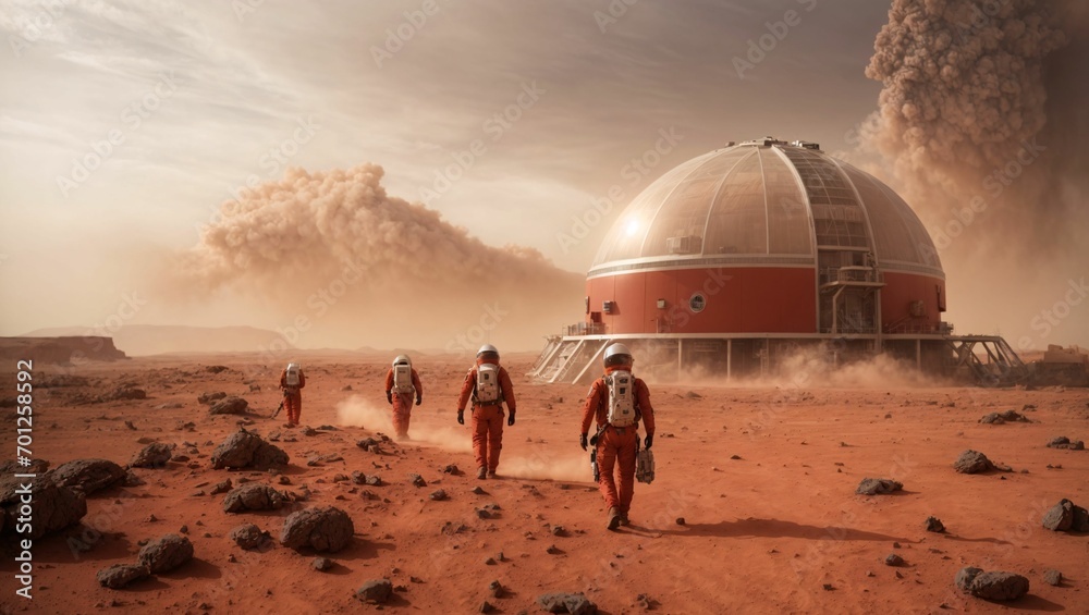 Martian Outpost: A rugged Martian landscape with a domed outpost in the ...