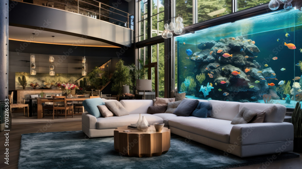 Big aquarium in luxury living room. Modern interior with sea water ...