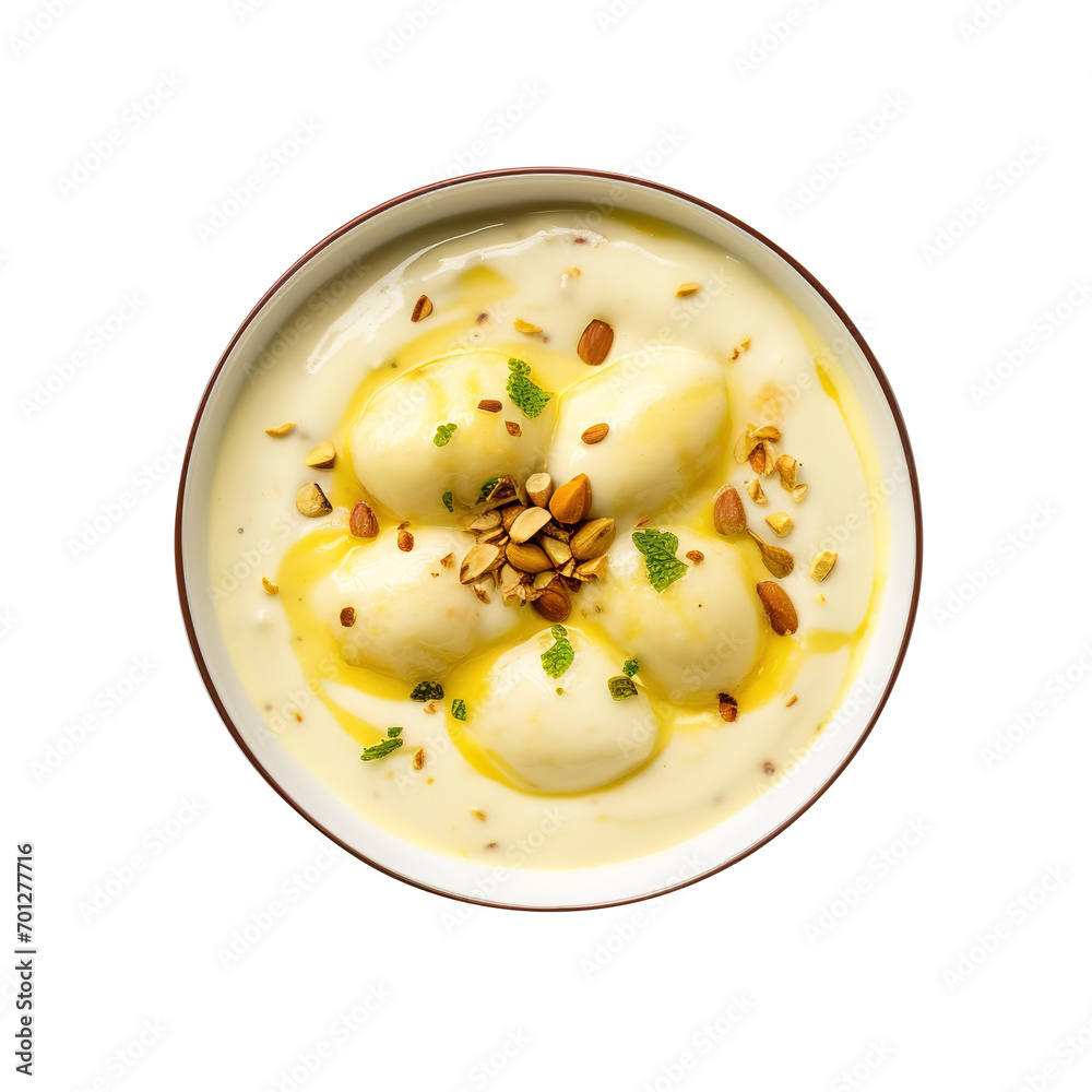 bowl of Rasmalai dessert sweet top view isolated on transparent ...