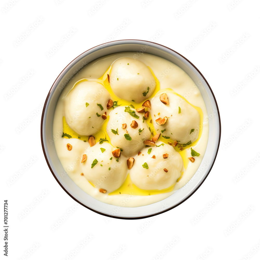 bowl of Rasmalai dessert sweet top view isolated on transparent ...