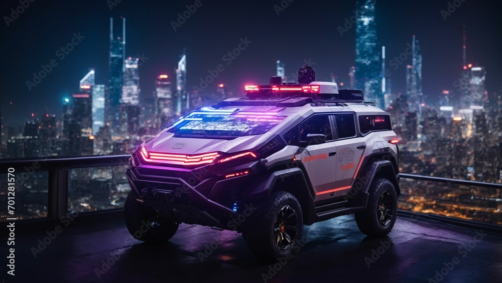 Futuristic megacity: Cyber patrol vehicle flashes lights, holographic ...