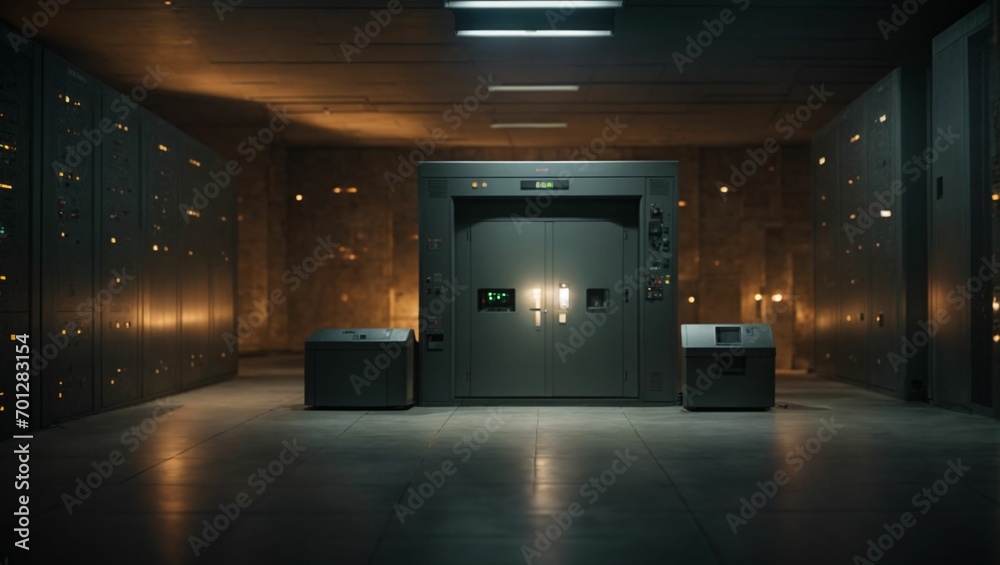 Fortified data vault: Underground bunker, thick walls, encryption ...