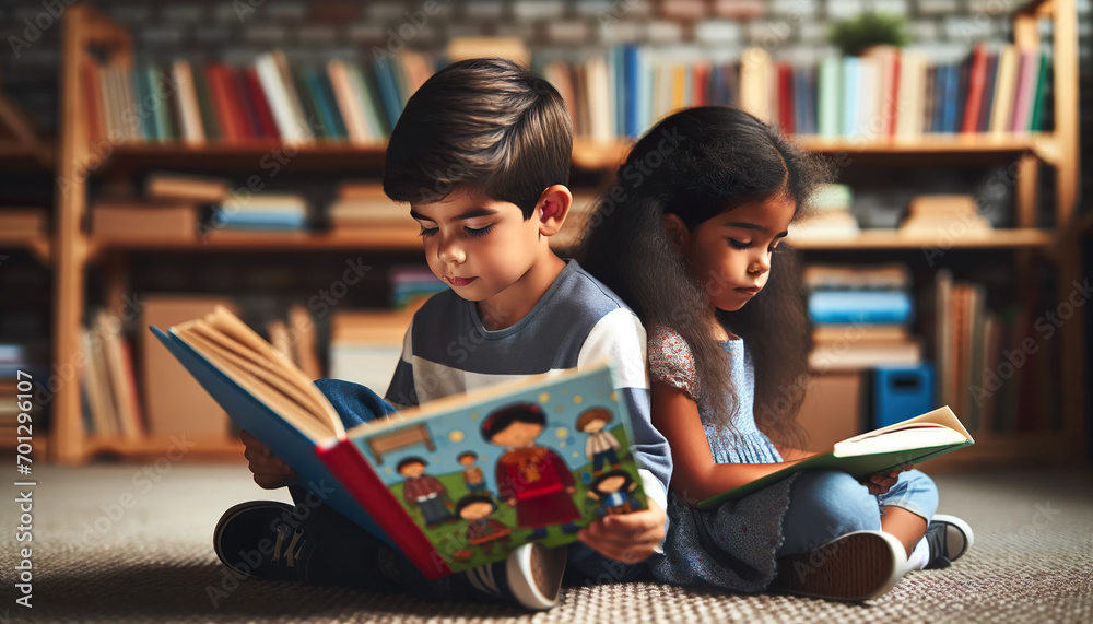 A young Hispanic boy and a girl sitting back to back reading books in ...