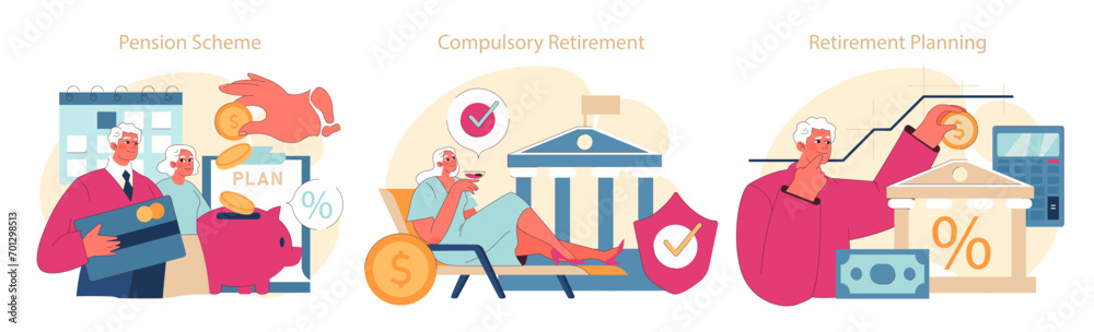 Retirement Essentials set. Depicting the journey of financial ...