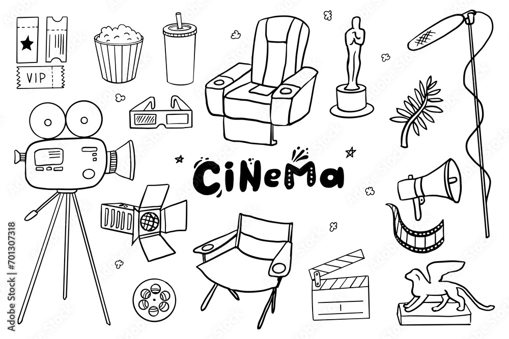 Movie and cinema theater hand drawn vector sketch collection ...