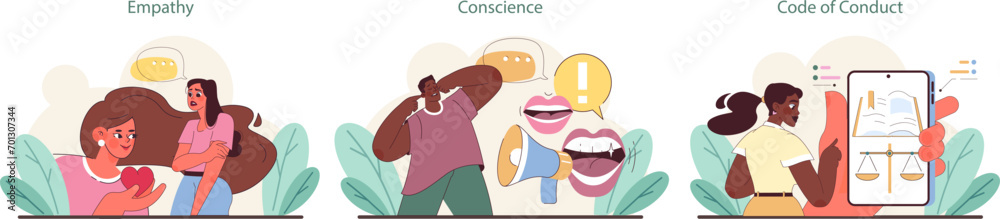 Ethical Behavior set. Demonstrating empathy, listening to conscience ...