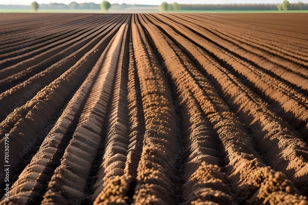 Patterns and texture of freshly plowed furrows in a field, symbolizing ...