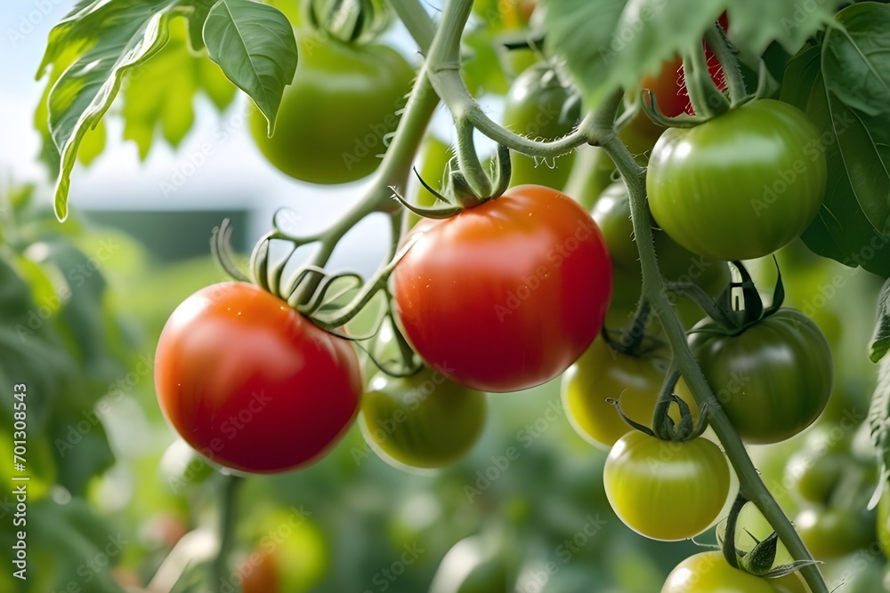 Zoom in on a tomato vine, capturing the details of ripening tomatoes and the surrounding ...