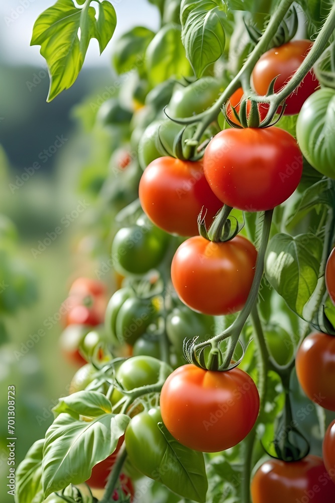 Zoom in on a tomato vine, capturing the details of ripening tomatoes and the surrounding ...